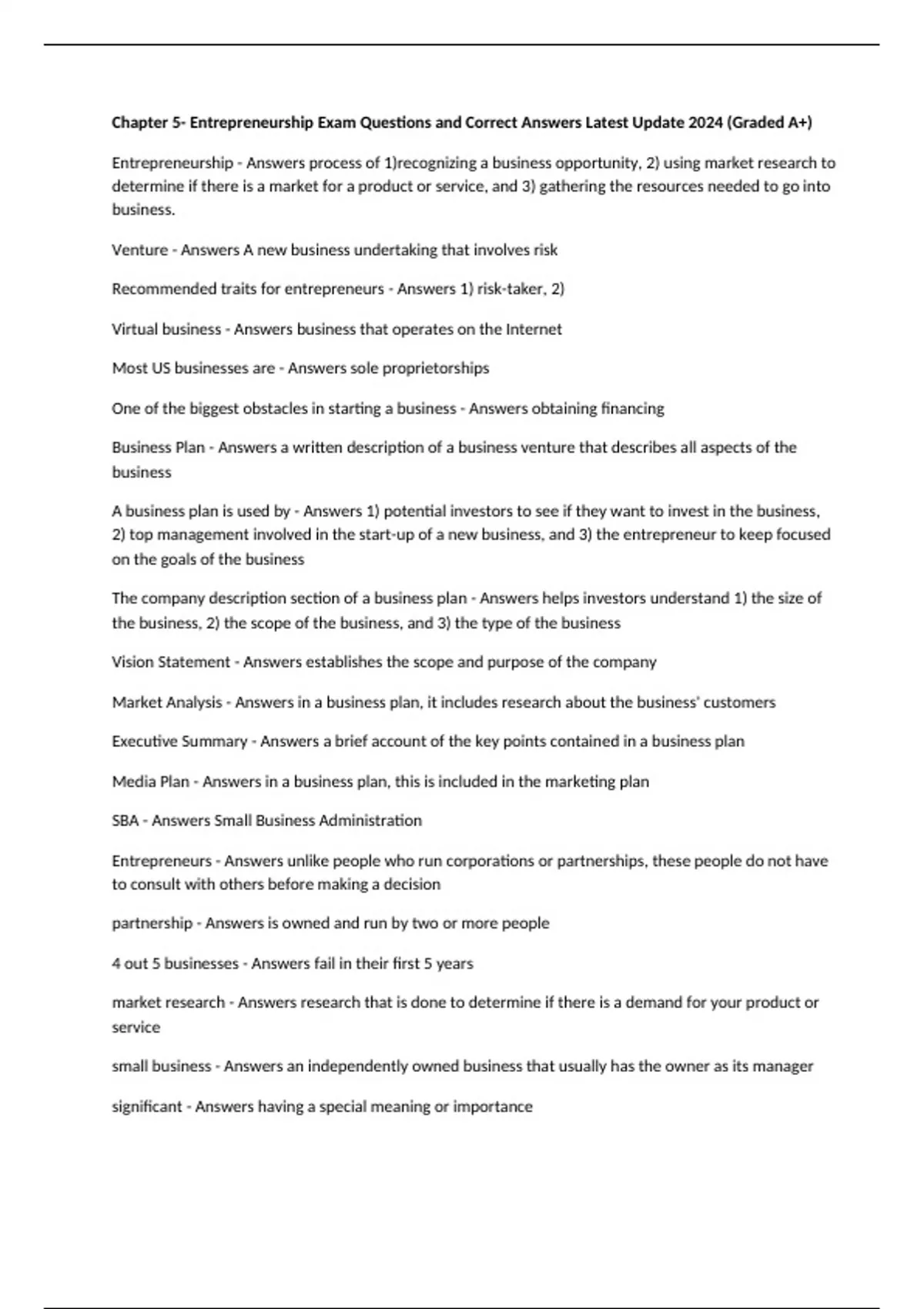 Chapter 5- Entrepreneurship Exam Questions and Correct Answers Latest ...