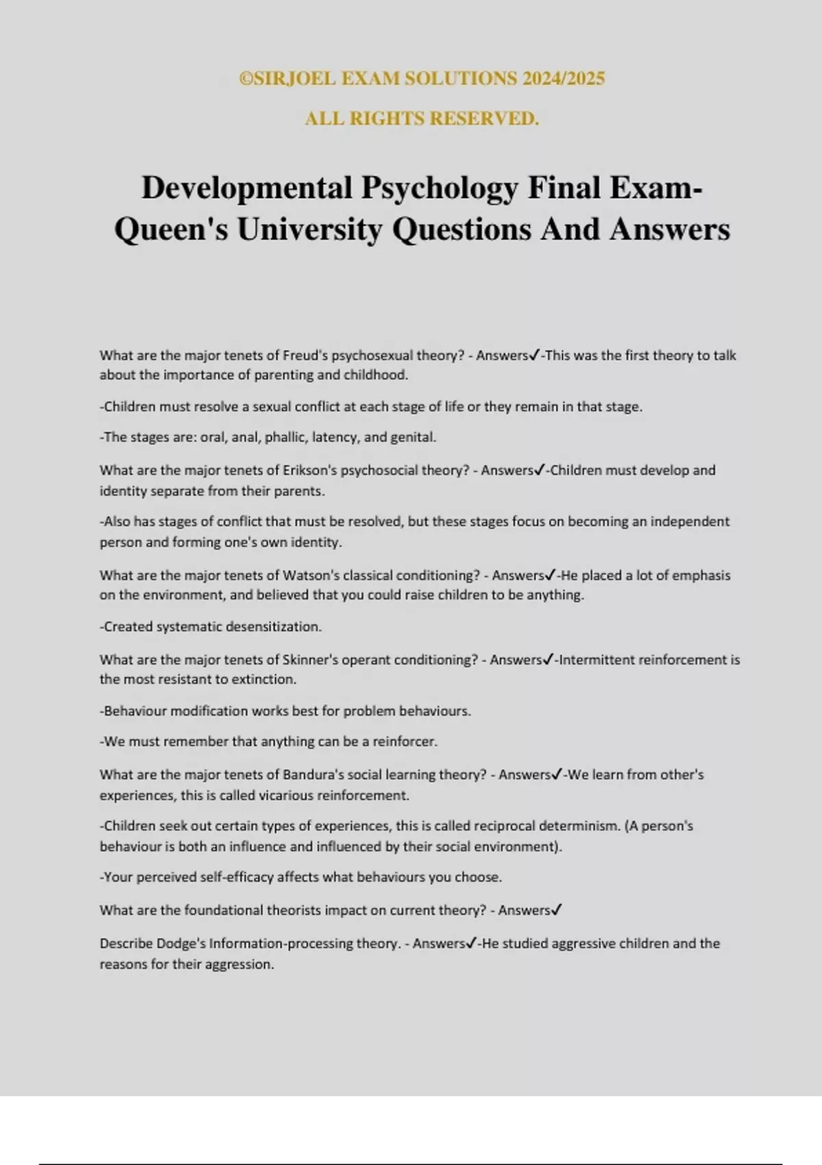 Developmental Psychology Final Exam- Queen's University Questions And ...