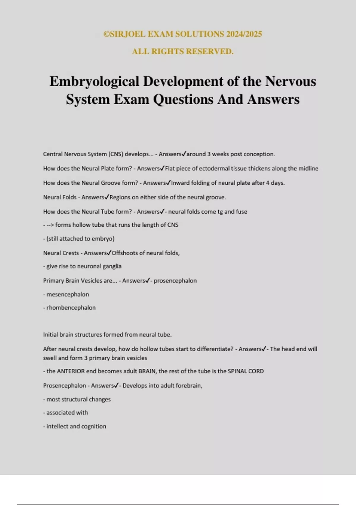 Embryological Development of the Nervous System Exam Questions And ...