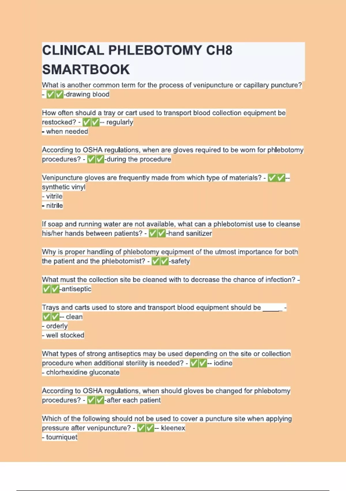 CLINICAL PHLEBOTOMY CH8 SMARTBOOK Questions with verified correct ...
