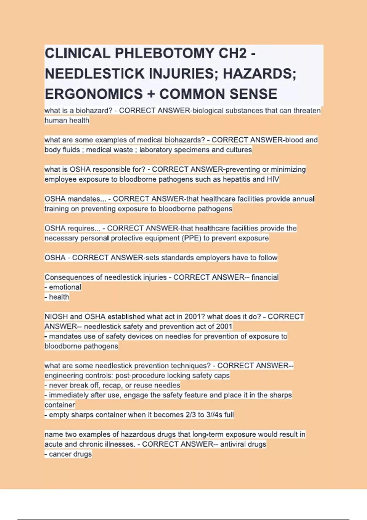 CLINICAL PHLEBOTOMY CH2 - NEEDLESTICK INJURIES HAZARDS questions and ...