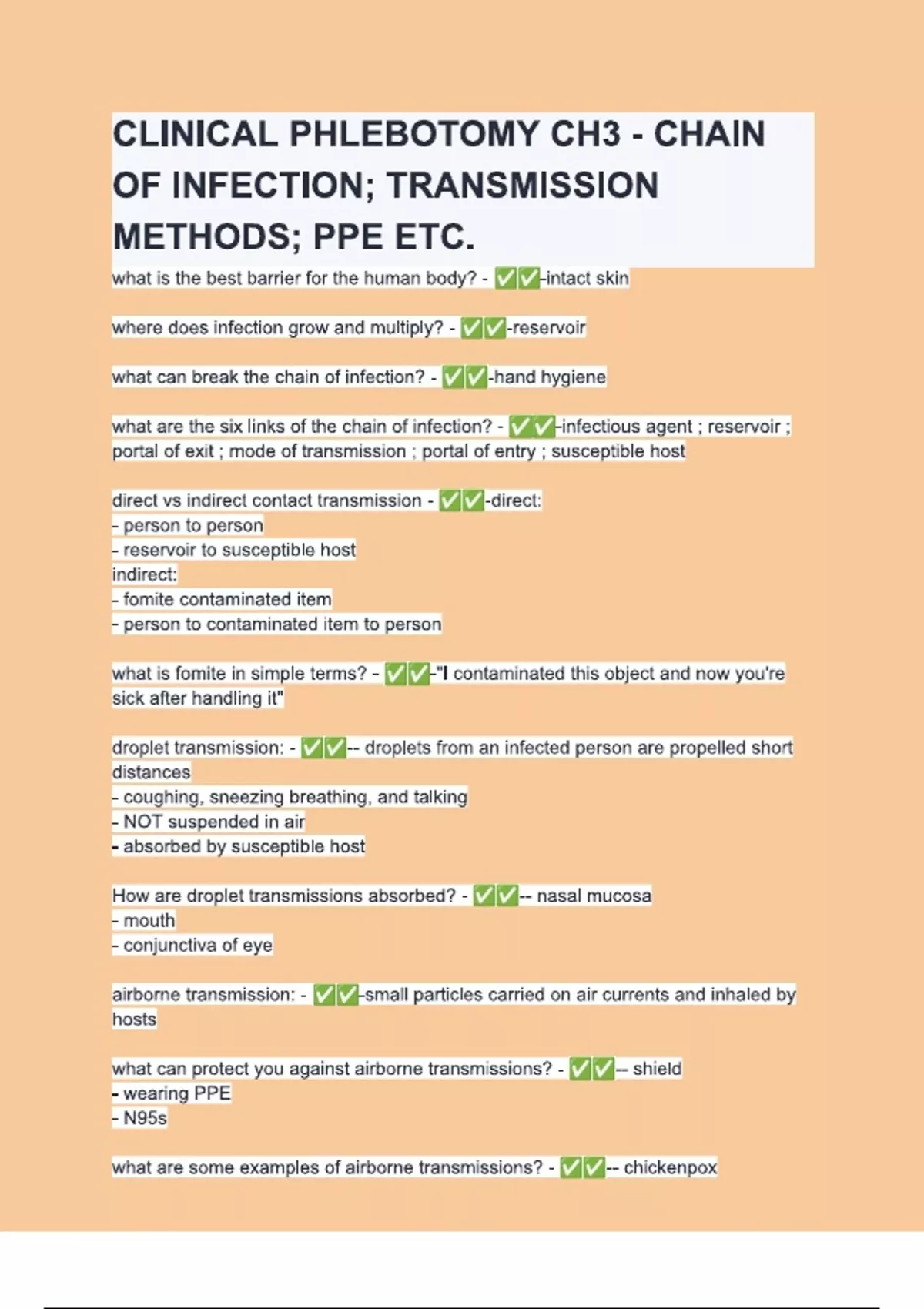 CLINICAL PHLEBOTOMY CH3 - CHAIN OF INFECTION TRANSMISSION questions and - Clinical - Stuvia US