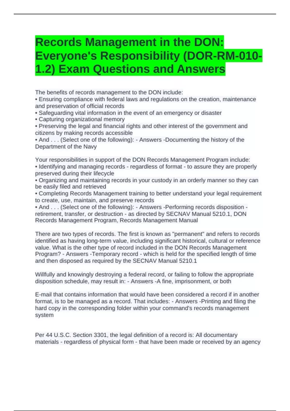 Records Management in the DON: Everyone's Responsibility (DOR-RM-010-1. ...