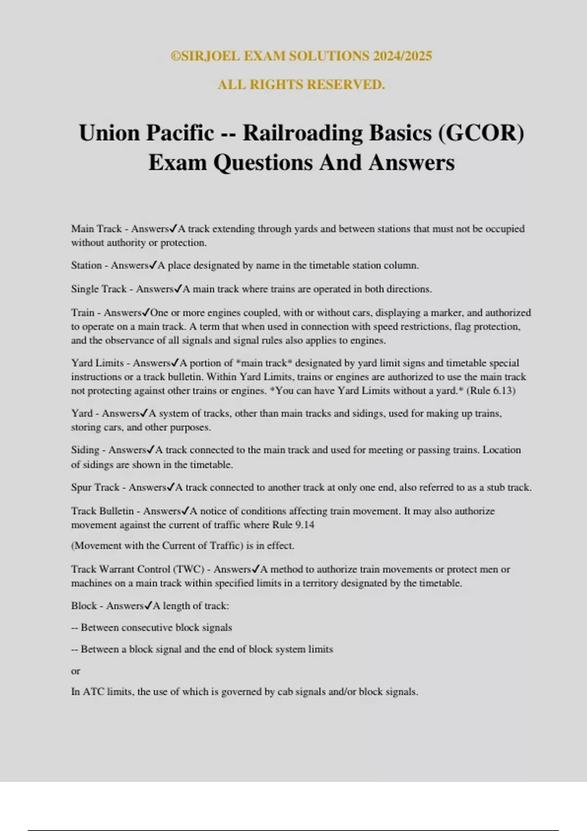 Union Pacific -- Railroading Basics (GCOR) Exam Questions And Answers ...