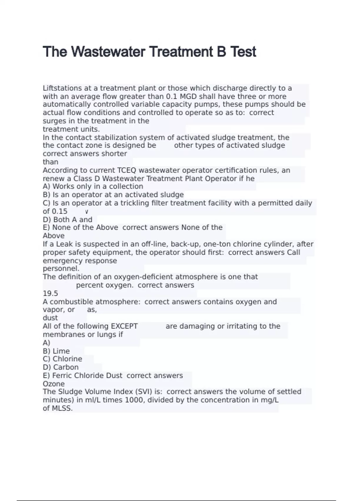 The Wastewater Treatment B Test exam with correct answers Graded A+ ...