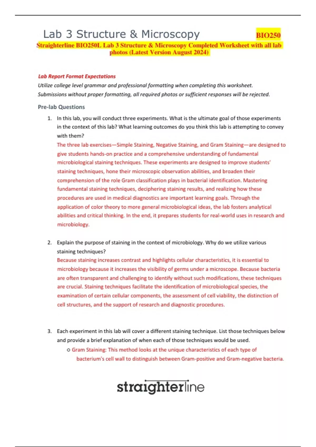 Straighterline BIO250L Lab 3 Structure & Microscopy Completed Worksheet ...