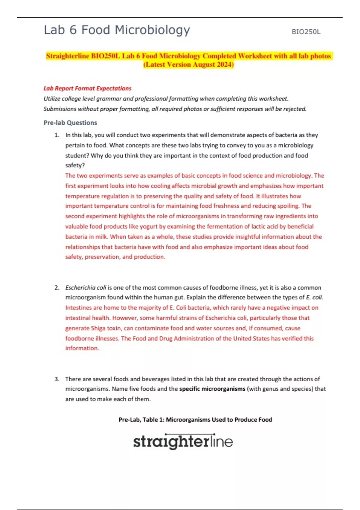 Straighterline BIO250L Lab 6 Food Microbiology Completed Worksheet with ...