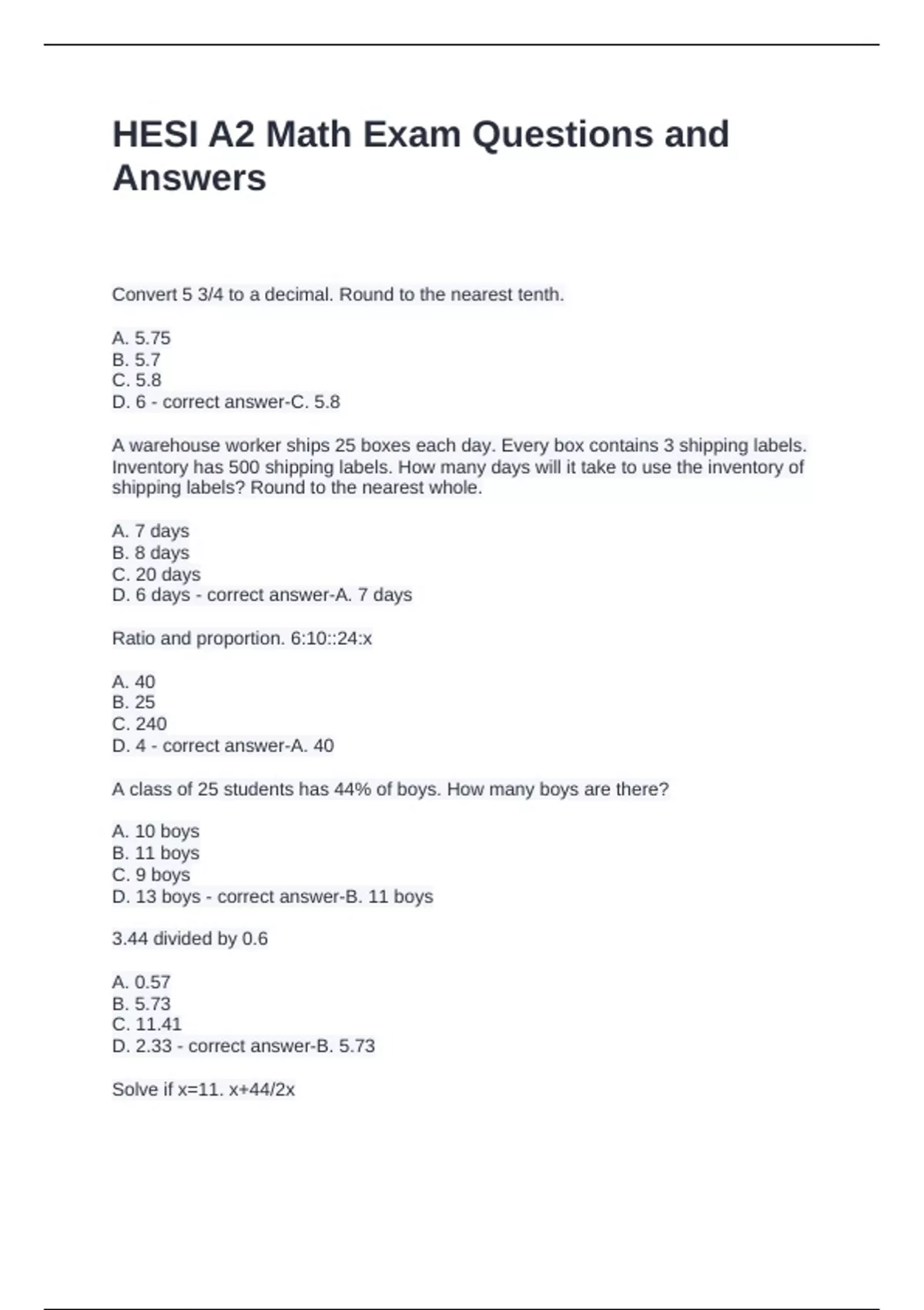 HESI A2 Math Exam Questions and Answers - Hesi - Stuvia US