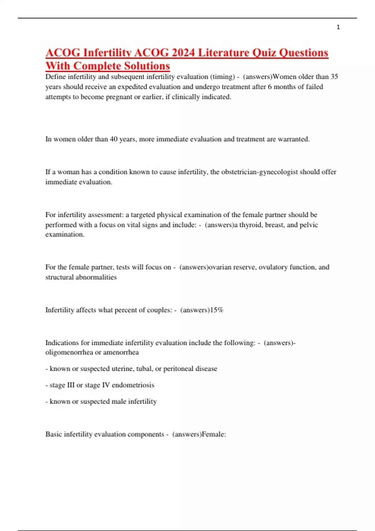ACOG Infertility ACOG 2024 Literature Quiz Questions With Complete ...