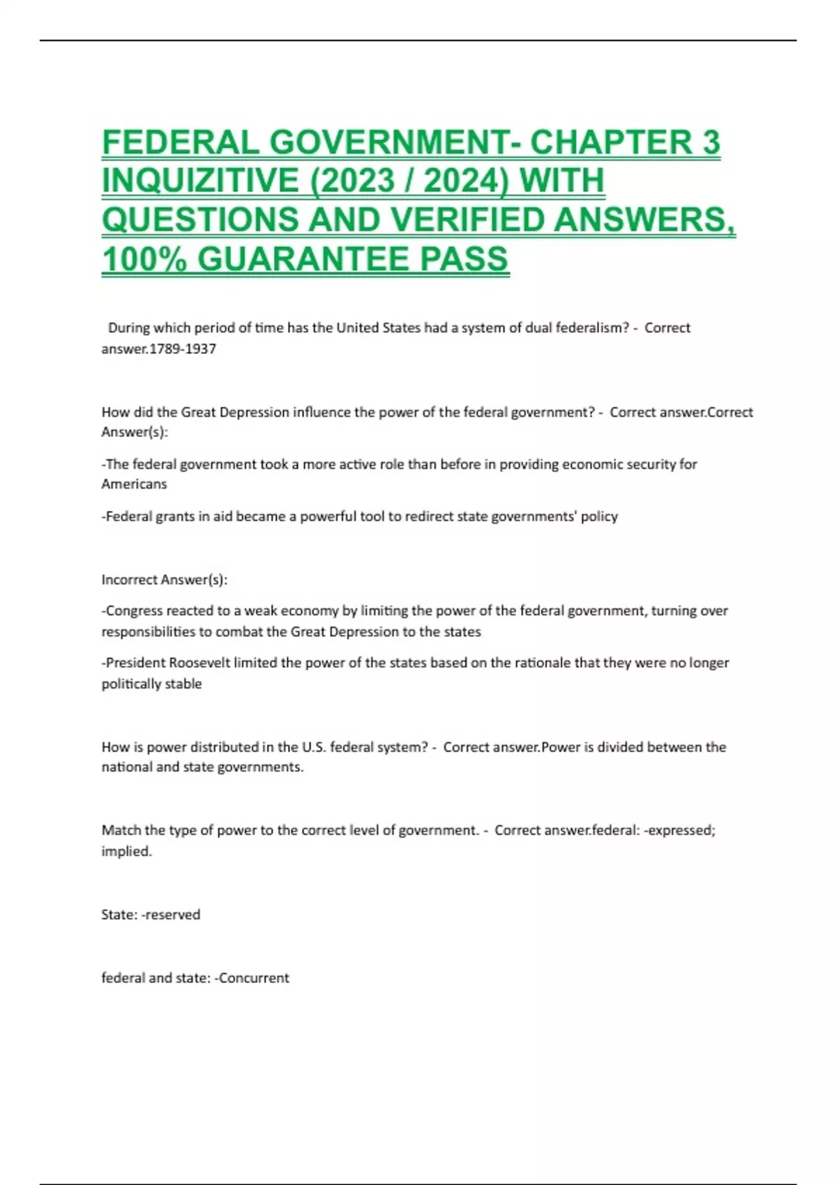 Federal Government- Chapter 3 InQuizitive - Federal Government- - Stuvia US