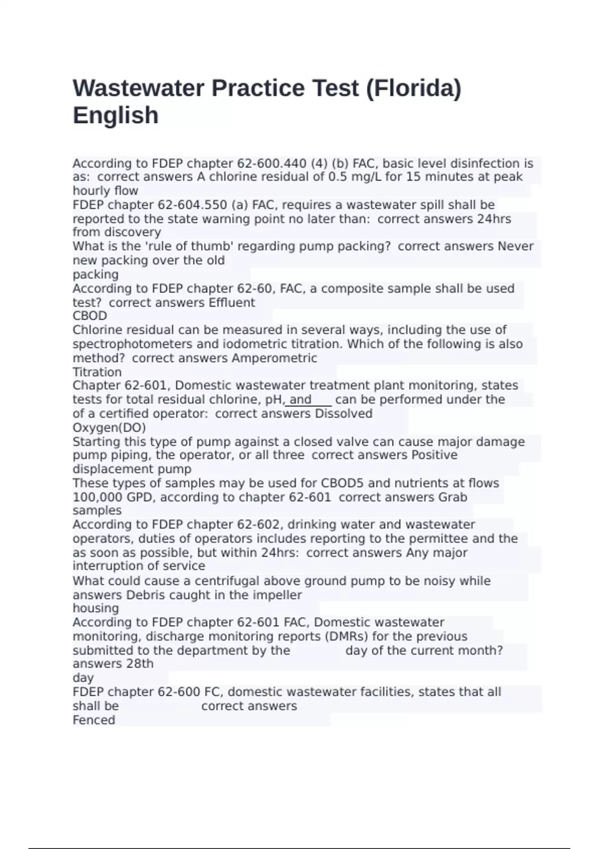 Wastewater Practice Test (Florida) English Exam with correct answers ...