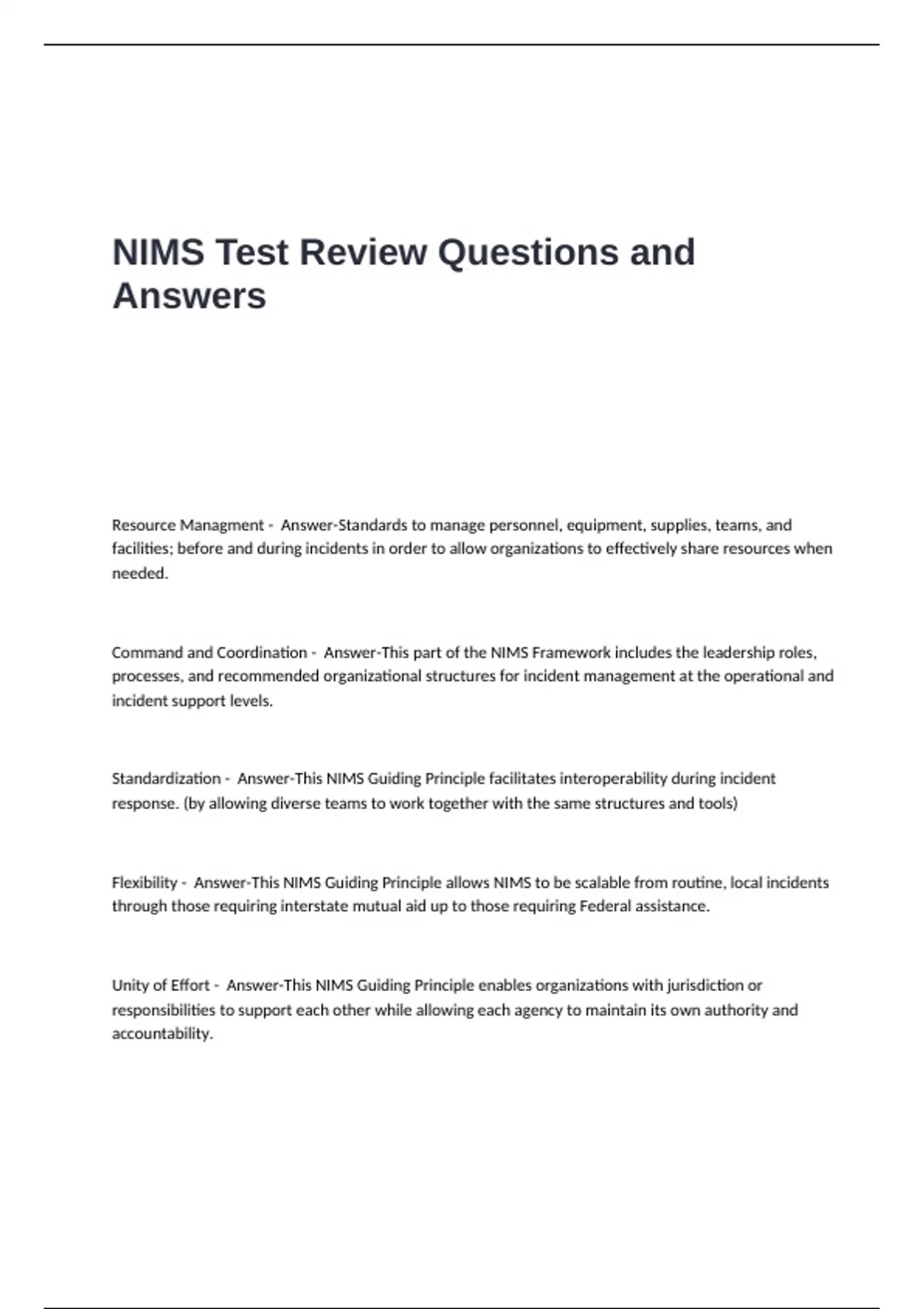 NIMS Test Review Questions and Answers - NIMS - Stuvia US