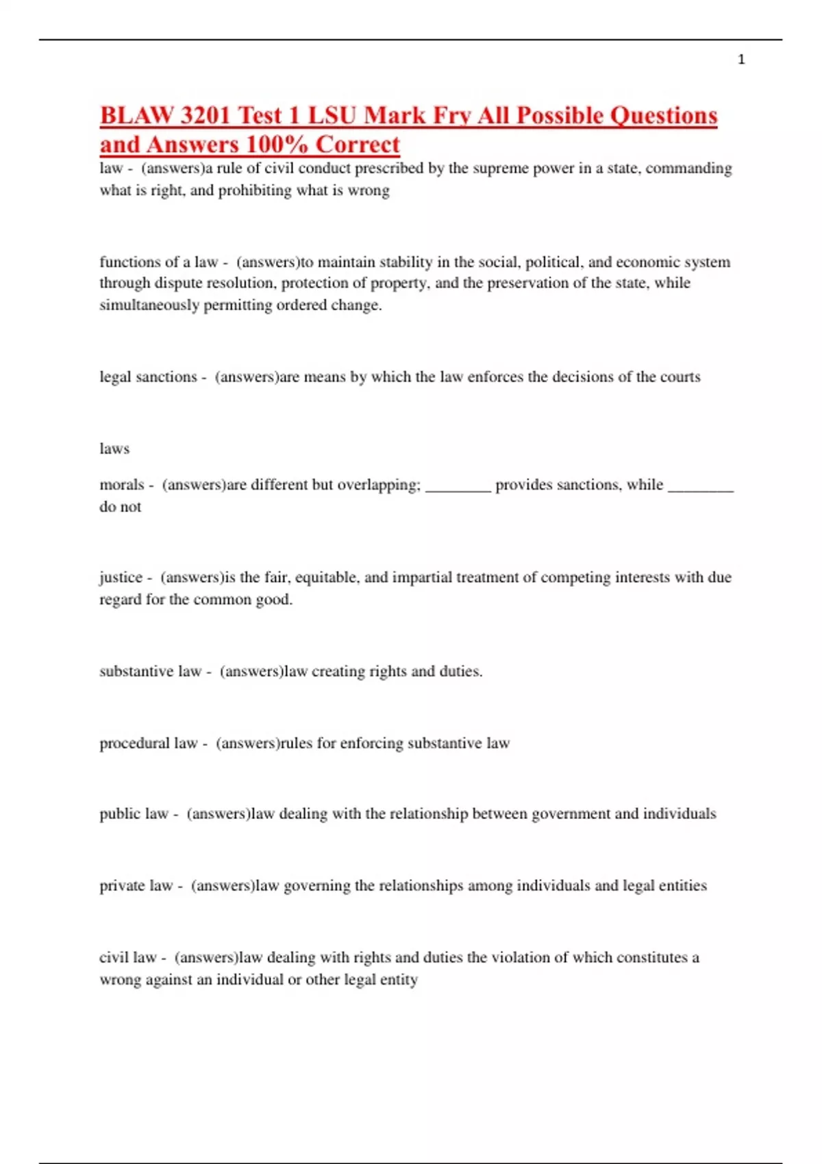 BLAW 3201 Test 1 LSU Mark Fry All Possible Questions and Answers 100% ...