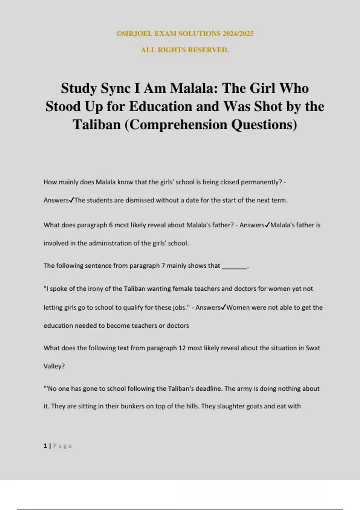 Study Sync I Am Malala: The Girl Who Stood Up for Education and Was ...