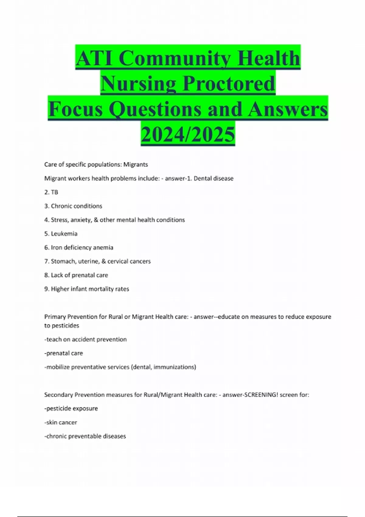 ATI Community Health Nursing Proctored Focus Questions and Answers 2024 ...
