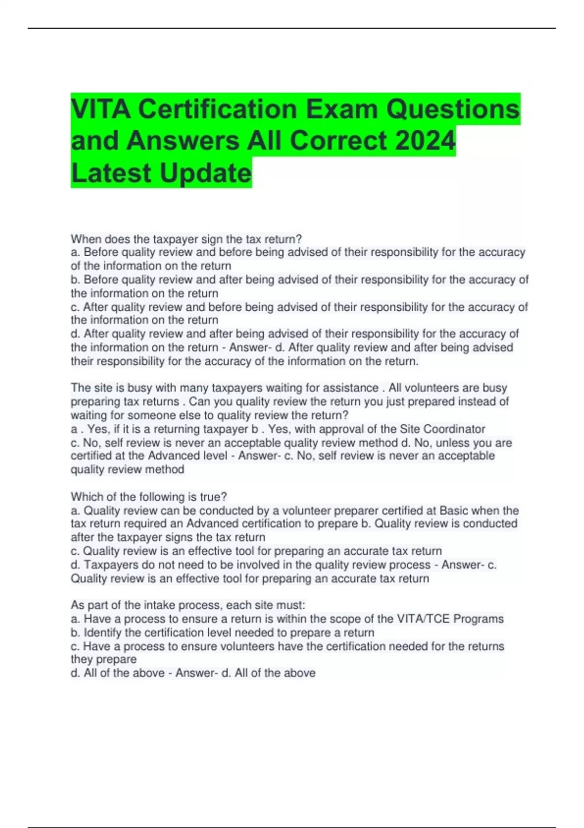 VITA Certification Exam Questions and Answers All Correct 2024 Latest ...