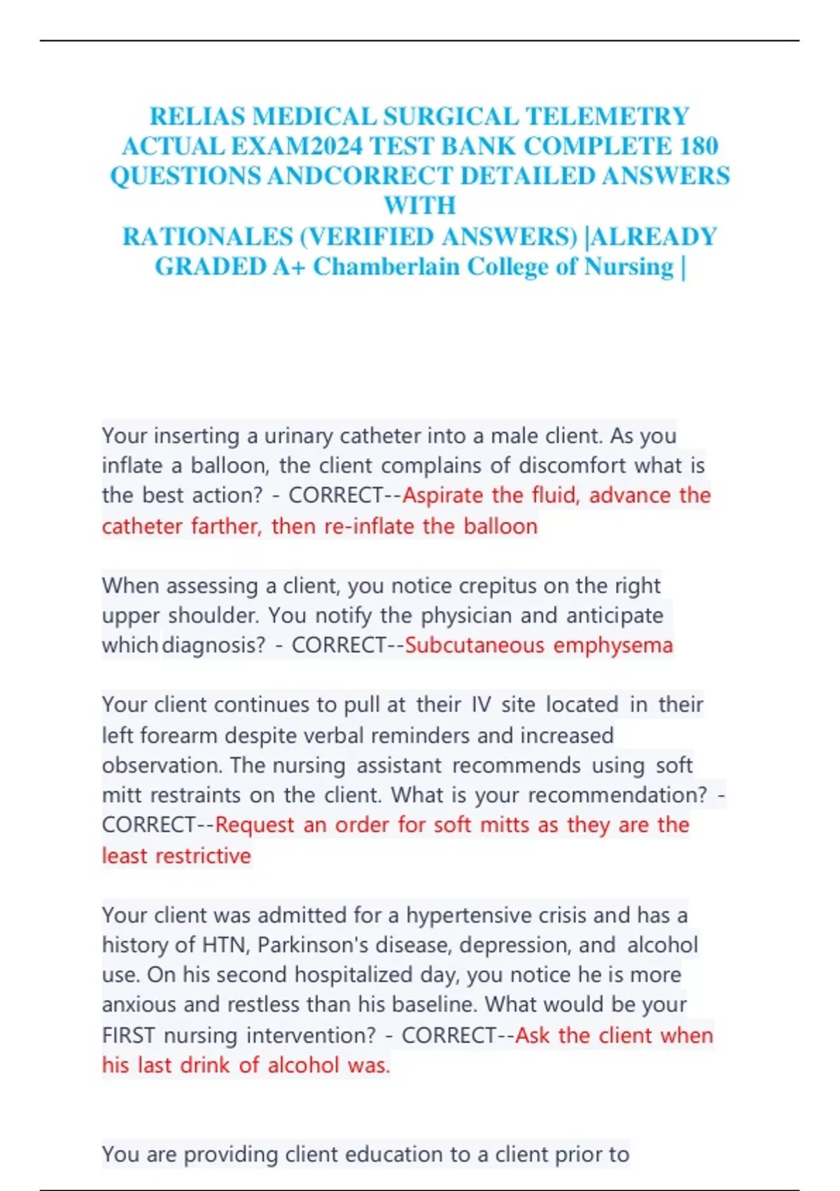 RELIAS MEDICAL SURGICAL TELEMETRY FINAL EXAM/ ACTUAL EXAM LATEST UPDATE ...