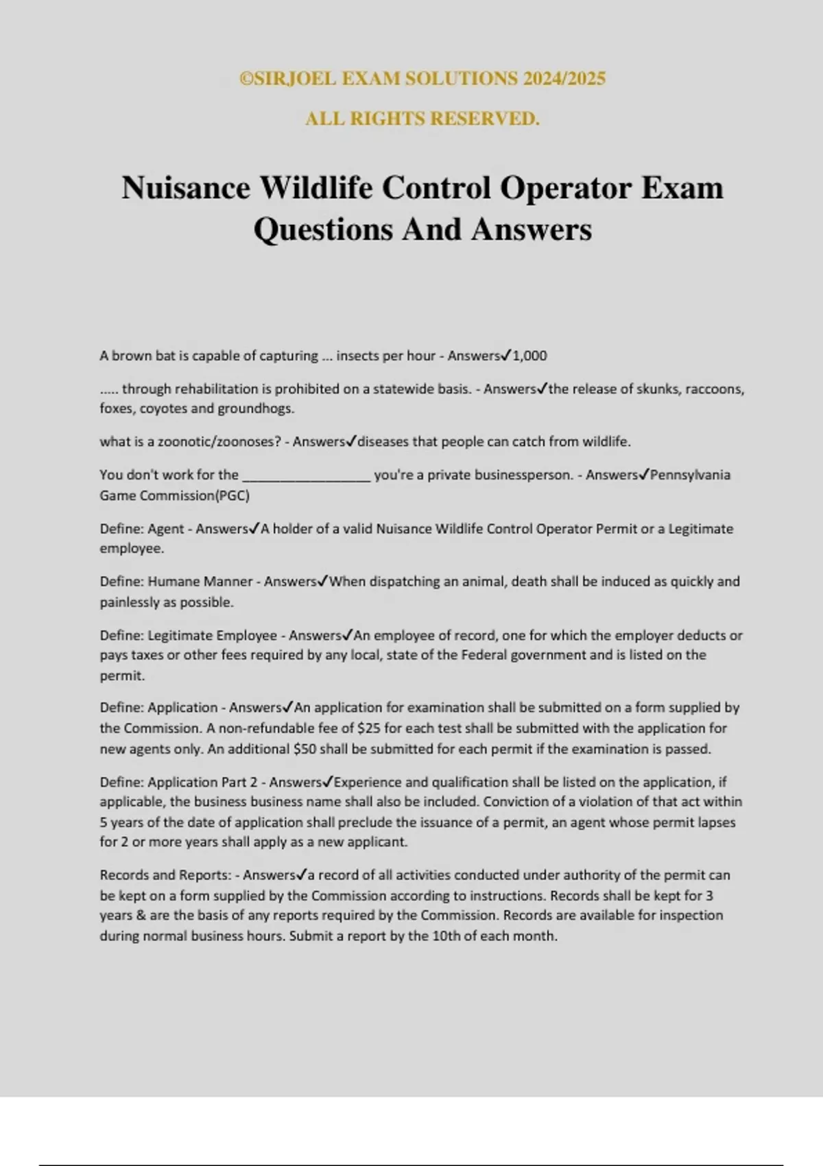 Nuisance Wildlife Control Operator Exam Questions And Answers ...
