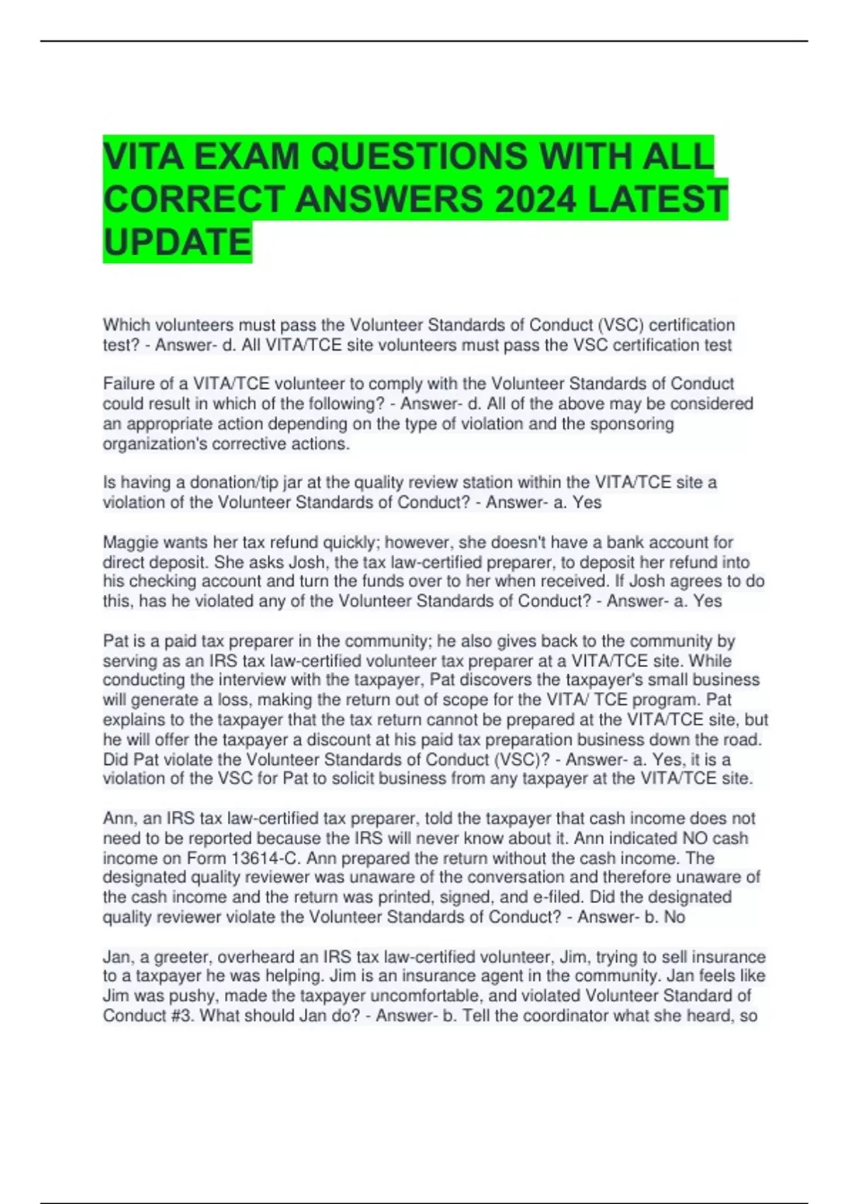 VITA EXAM QUESTIONS WITH ALL CORRECT ANSWERS 2024 LATEST UPDATE - VITA ...