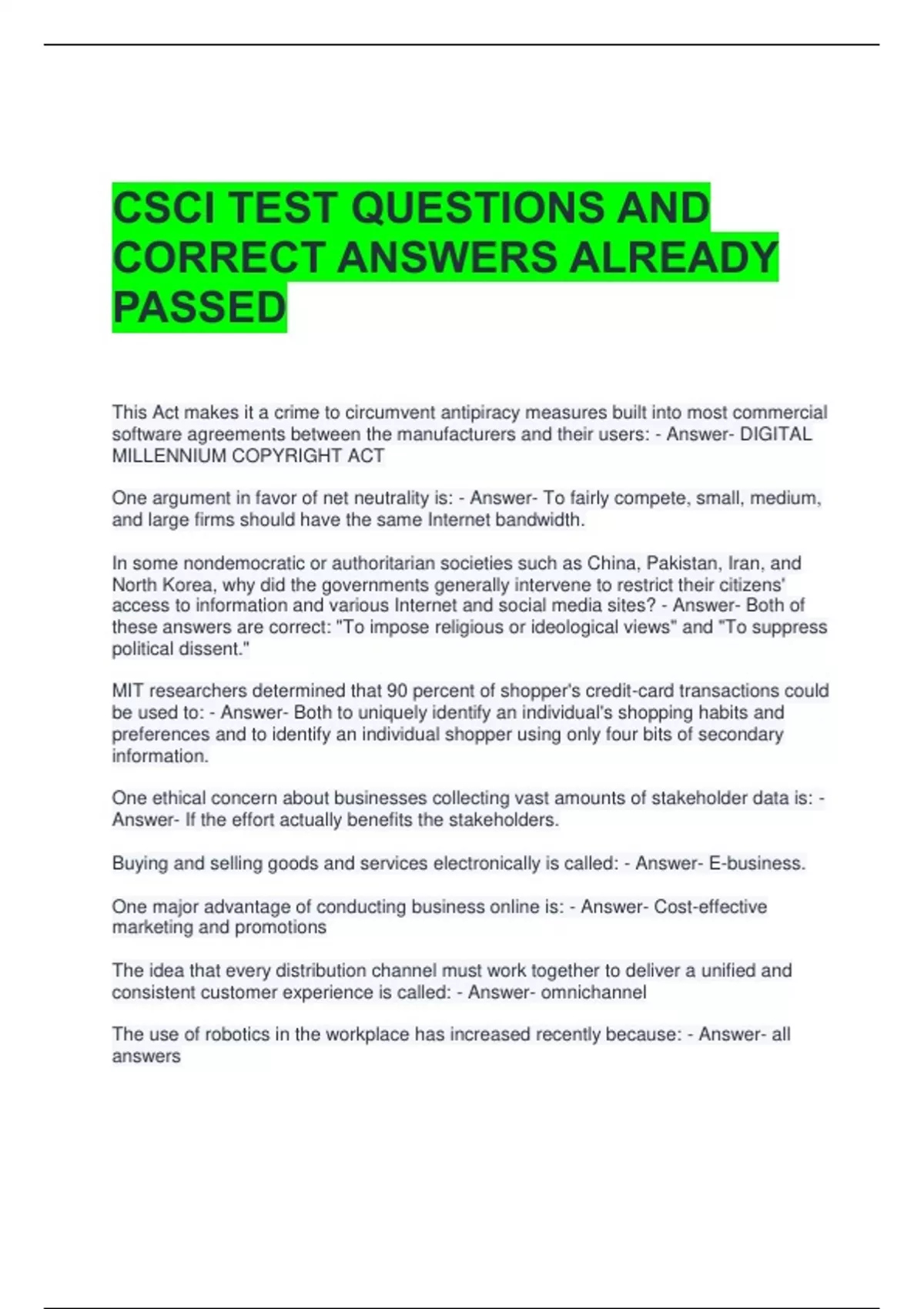 CSCI TEST QUESTIONS AND CORRECT ANSWERS ALREADY PASSED - CSCI - Stuvia US