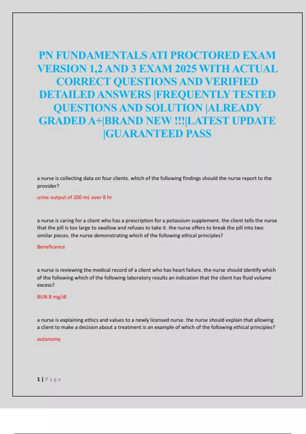 PN FUNDAMENTALS ATI PROCTORED EXAM VERSION 1,2 AND 3 EXAM 2025 WITH ...