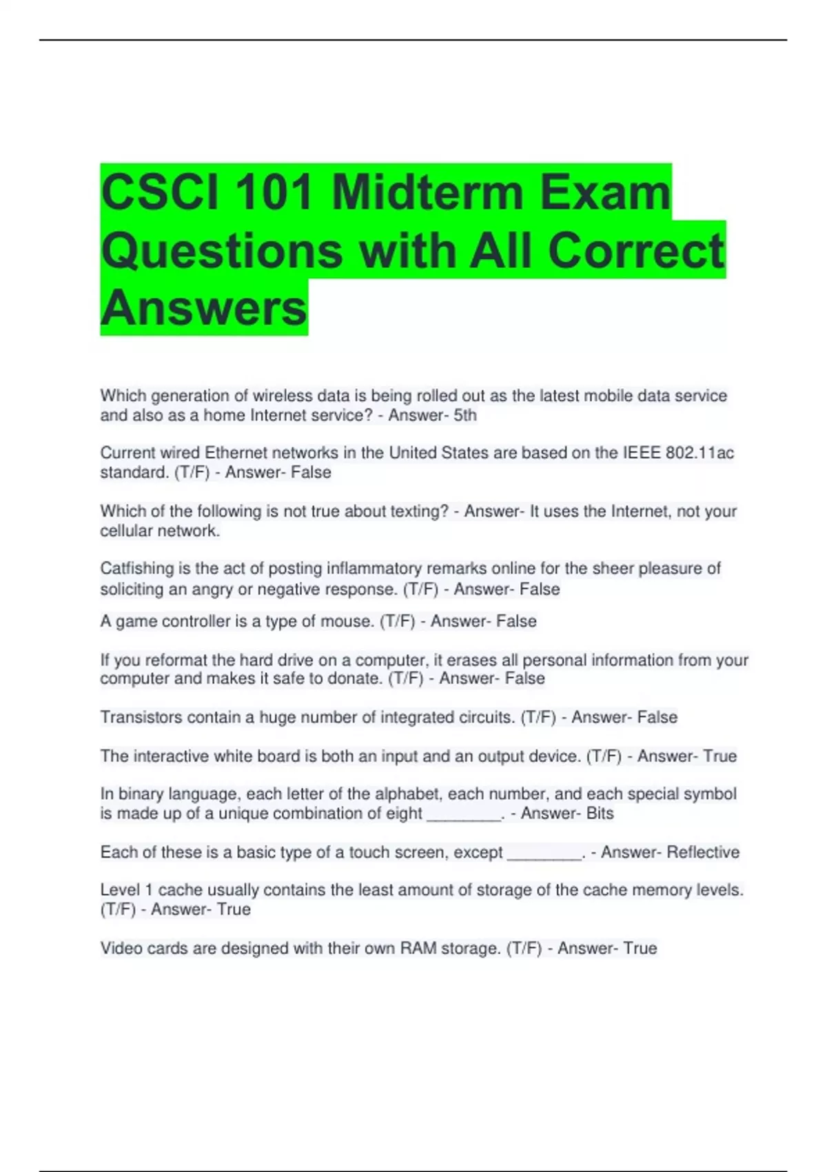 CSCI 101 Midterm Exam Questions with All Correct Answers - CSCI 101 - Stuvia US