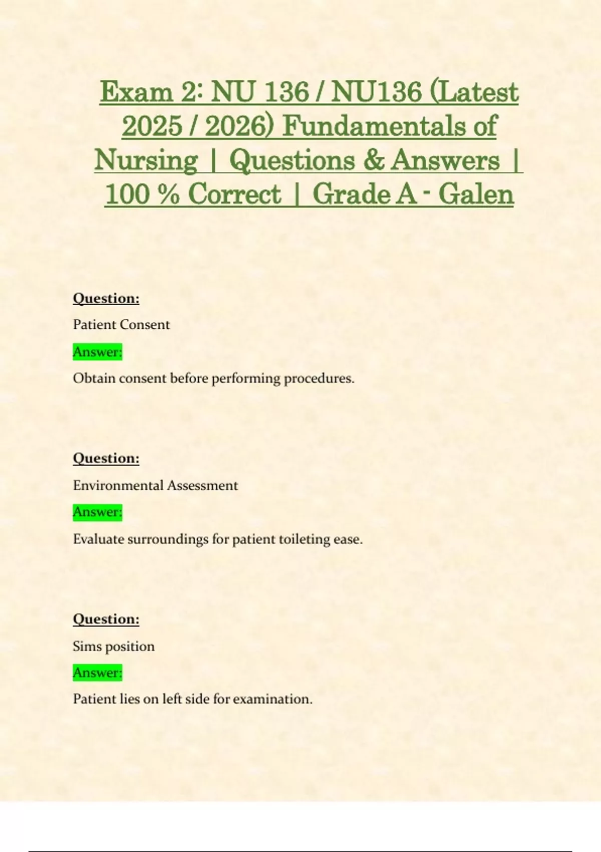 Exam 2: NU 136 / NU136 (Latest 2025 / 2026) Fundamentals of Nursing ...