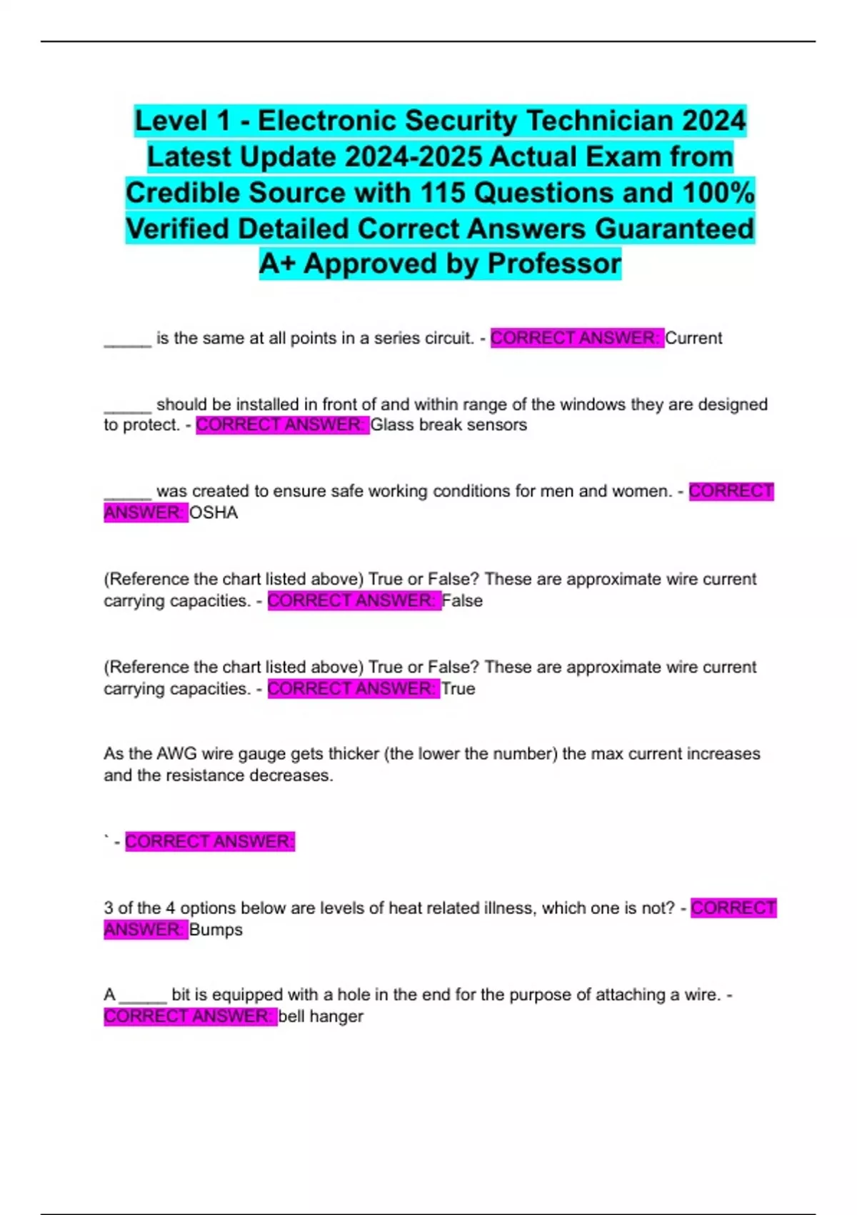 Level 1 - Electronic Security Technician 2024 Latest Update Actual Exam ...