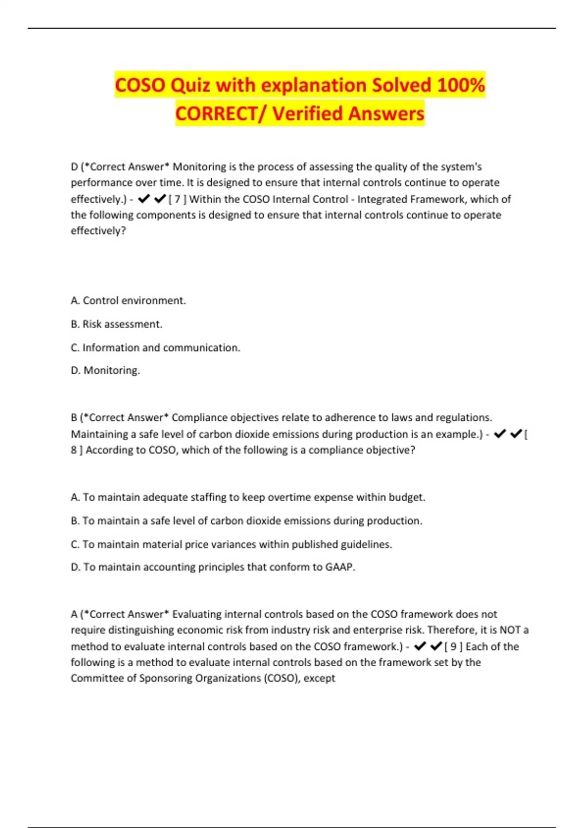 COSO Quiz with explanation Solved 100% CORRECT/ Verified Answers - COSO - Stuvia US