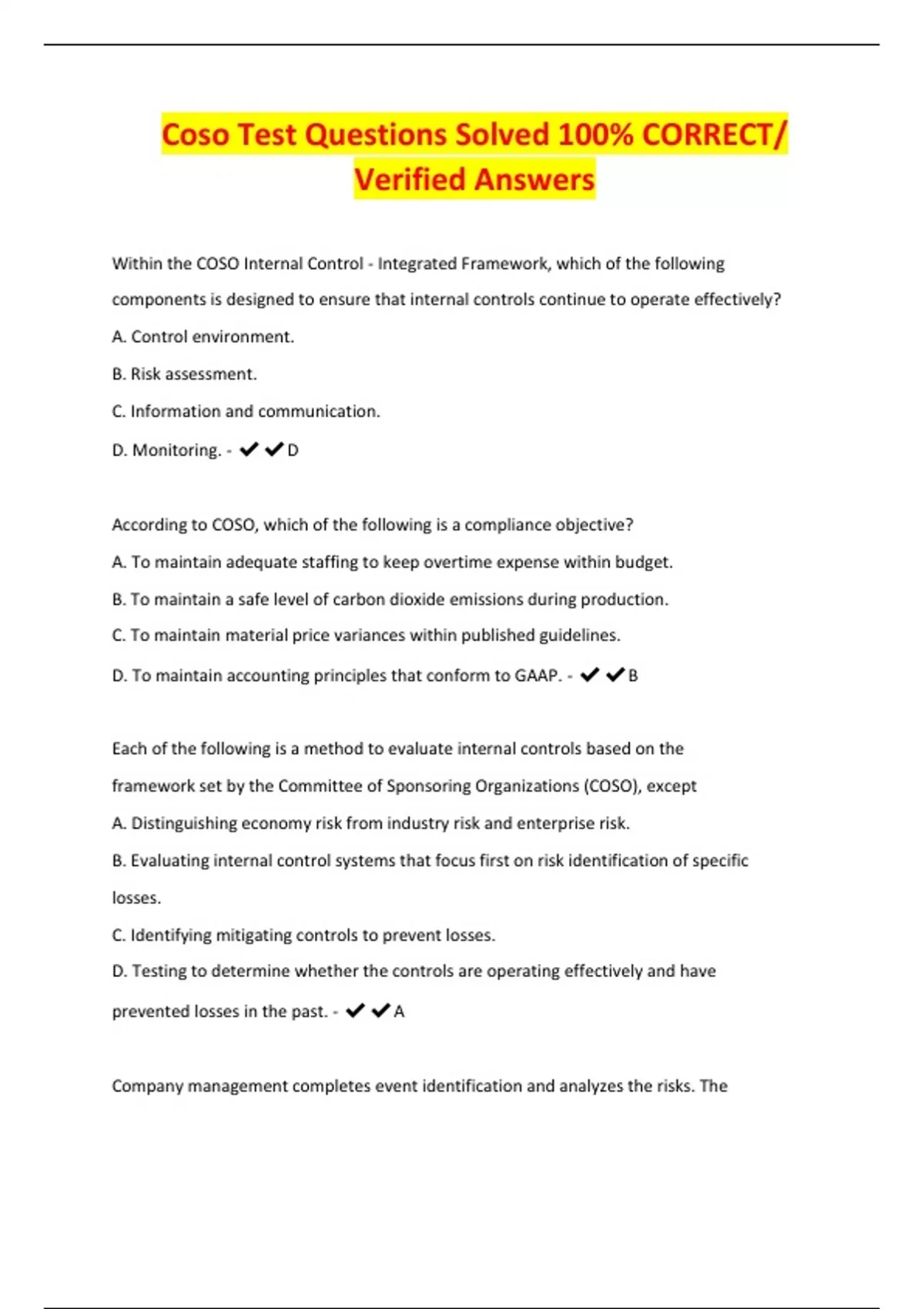 Coso Test Questions Solved 100% CORRECT/ Verified Answers - COSO ...