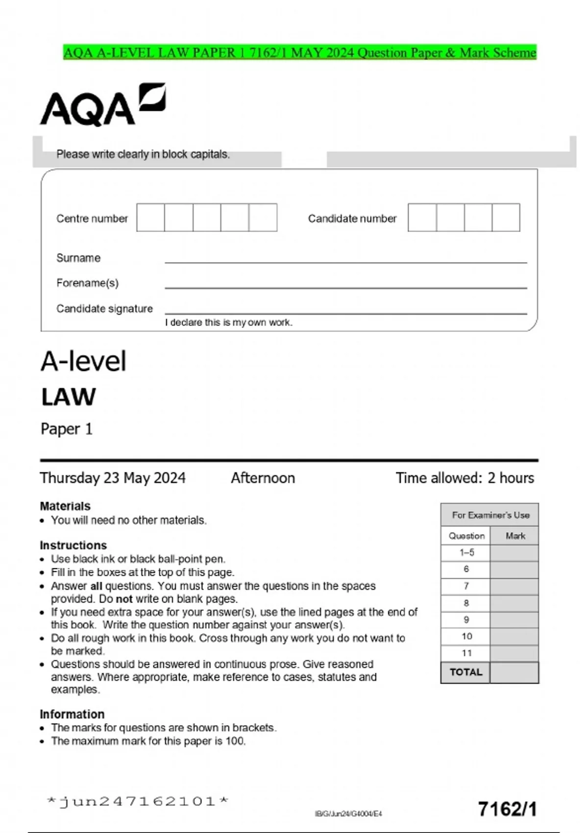 AQA A-LEVEL LAW PAPER 1 7162/1 MAY 2024 Question Paper & Mark Scheme ...