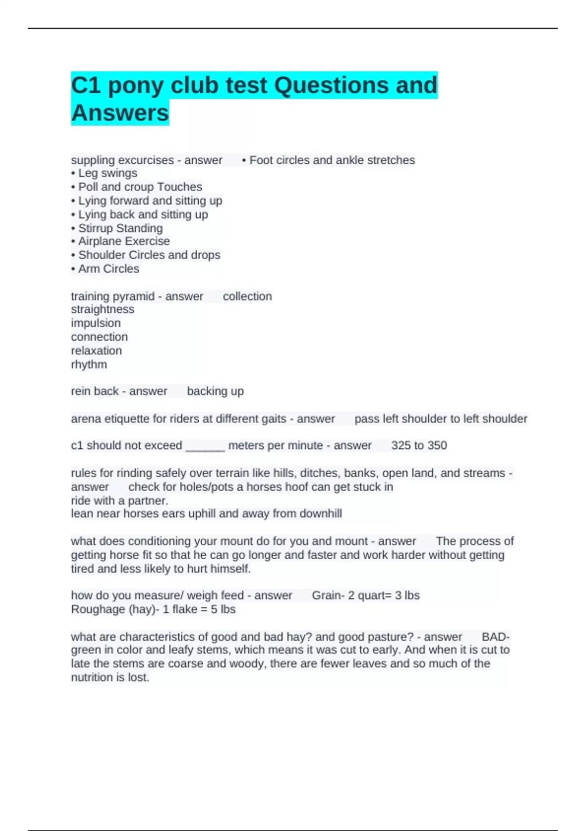 C1 pony club test Questions and Answers - CLU - Stuvia US