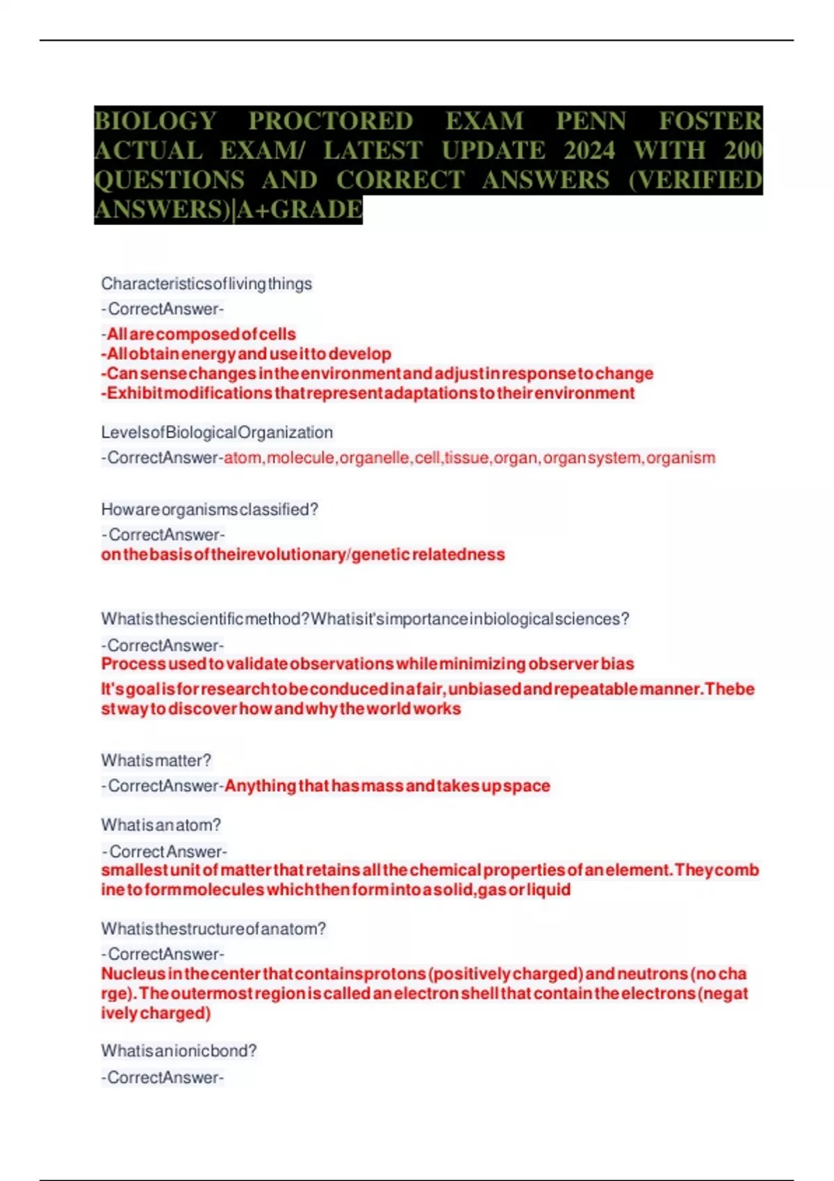 BIOLOGY PROCTORED EXAM PENN FOSTER ACTUAL EXAM/ LATEST UPDATE 2025 WITH ...