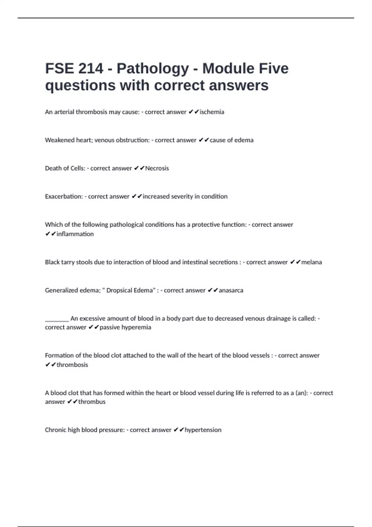FSE 214 - Pathology - Module Five questions with correct answers - FSE ...