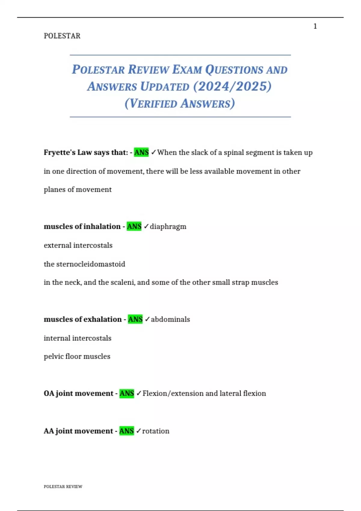 POLESTAR REVIEW EXAM QUESTIONS AND ANSWERS UPDATED (2024/2025 ...