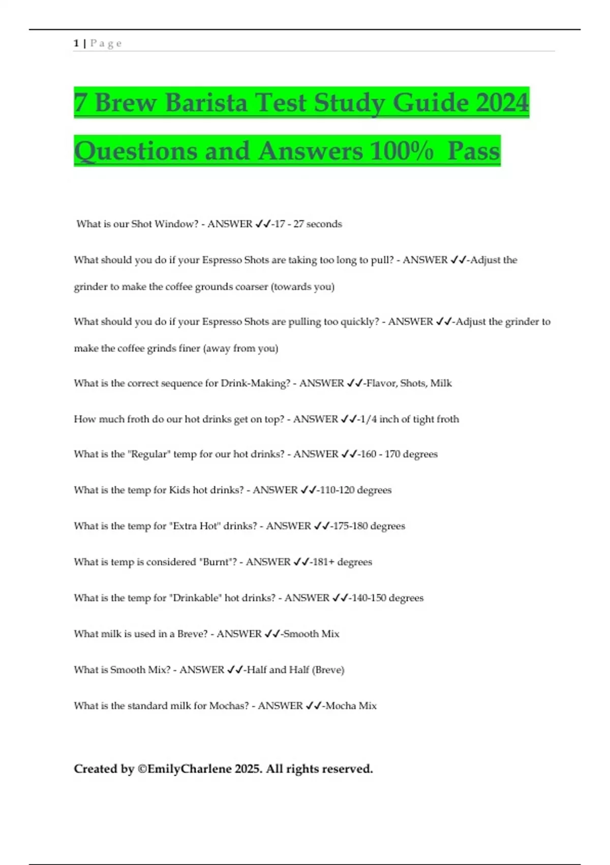 7 Brew Barista Test Study Guide 2024 Questions and Answers 100% Pass ...