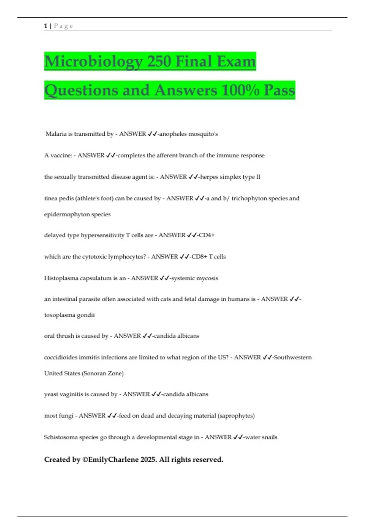 Microbiology 250 Final Exam Questions and Answers 100% Pass ...