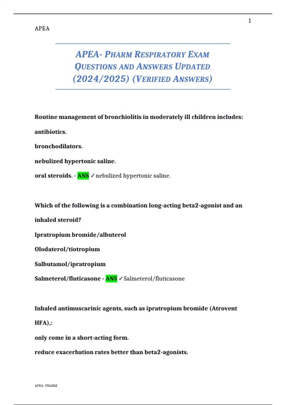 APEA- PHARM RESPIRATORY EXAM QUESTIONS AND ANSWERS UPDATED (2024/2025 ...