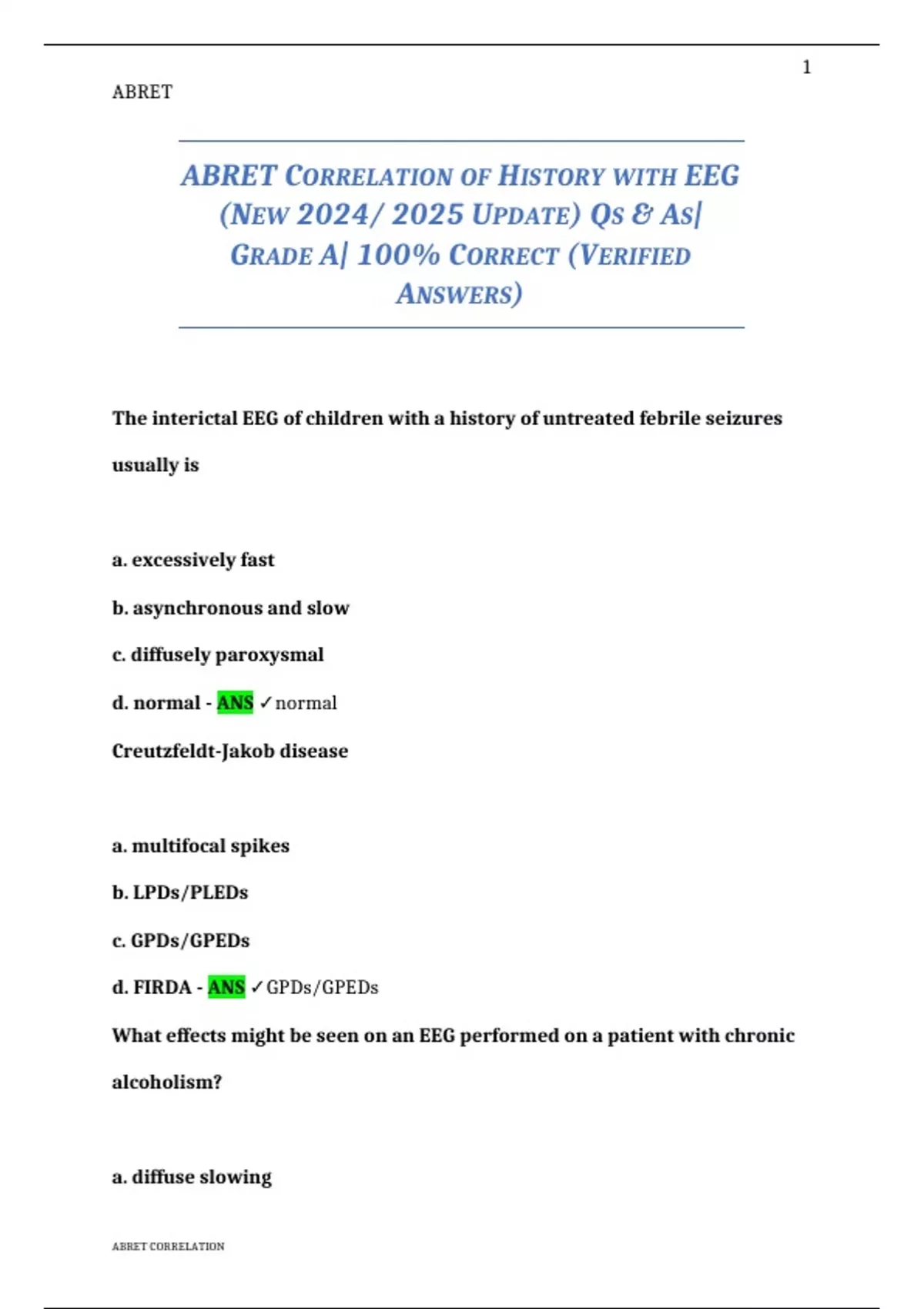 ABRET CORRELATION OF HISTORY WITH EEG (NEW 2024/ 2025 UPDATE) QS & AS ...