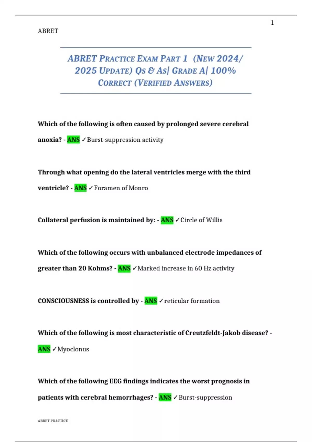 ABRET PRACTICE EXAM PART 1 (NEW 2024/ 2025 UPDATE) QS & AS| GRADE A ...