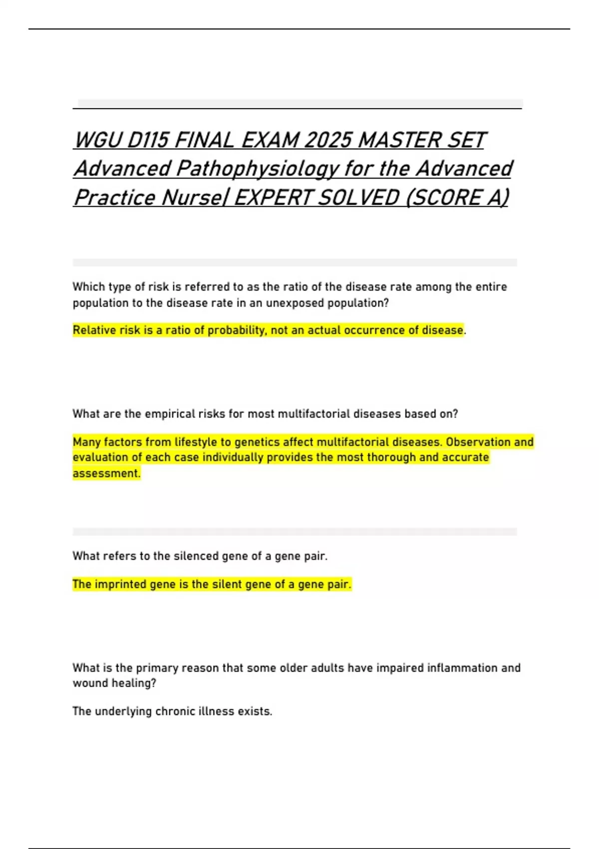WGU D115 FINAL EXAM 2025 MASTER SET Advanced Pathophysiology for the ...