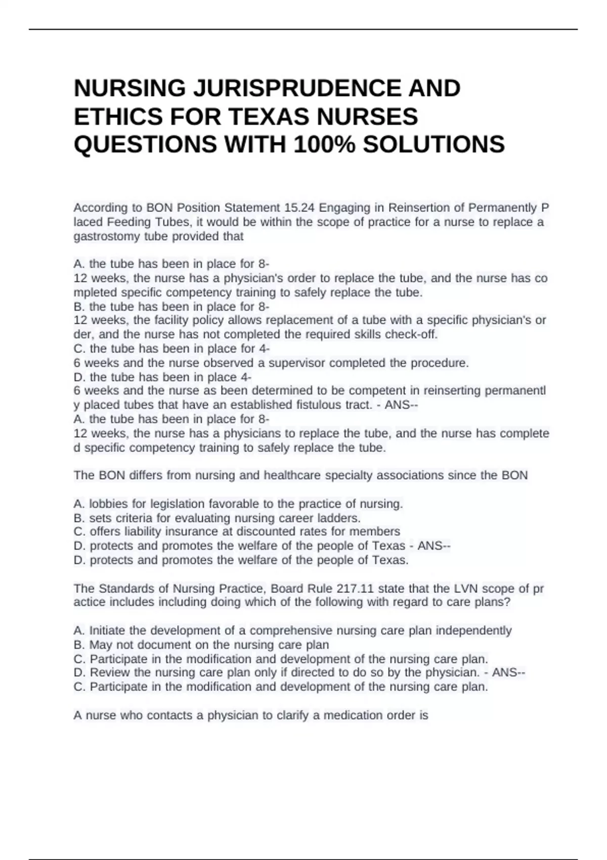 NURSING JURISPRUDENCE AND ETHICS FOR TEXAS NURSES QUESTIONS WITH 100% ...
