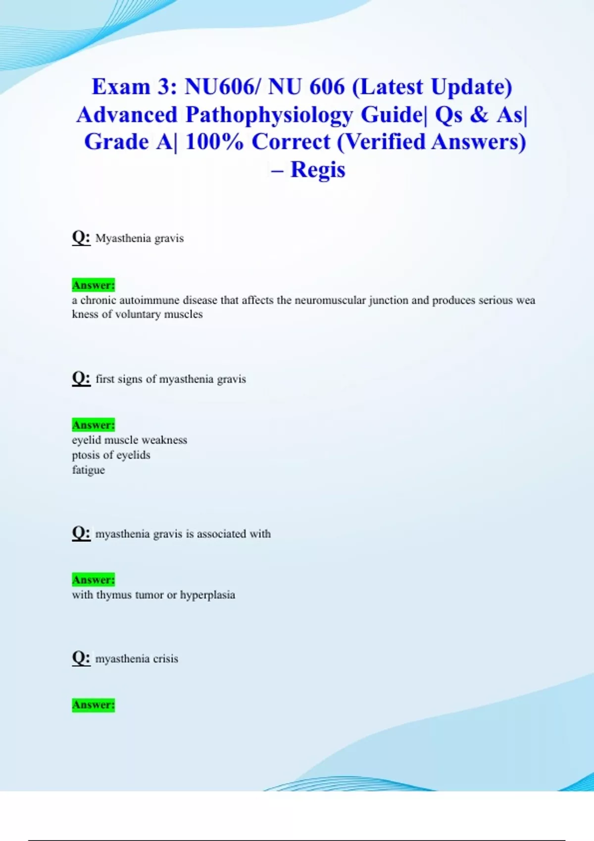 Exam 3: NU606/ NU 606 (Latest 2024/ 2025 Update) Advanced ...