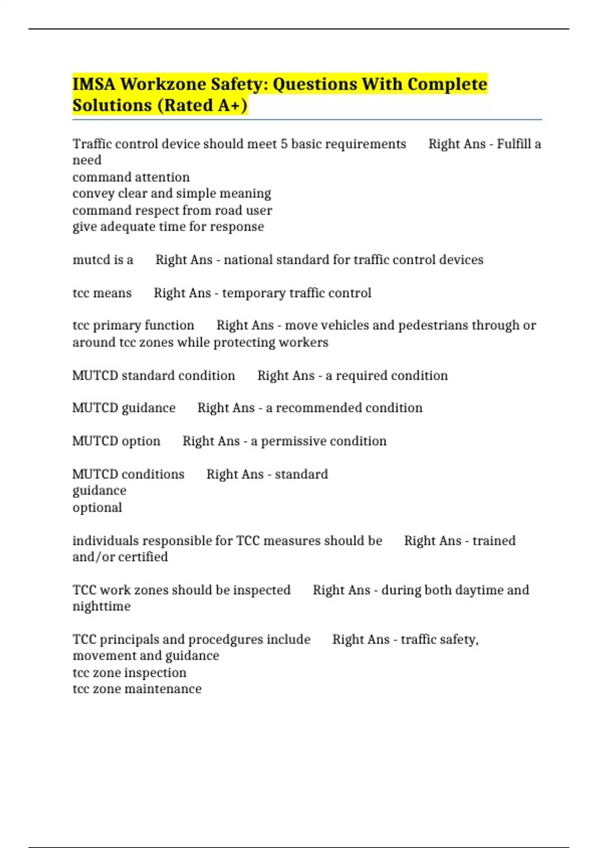 IMSA Workzone Safety: Questions With Complete Solutions (Rated A+ ...