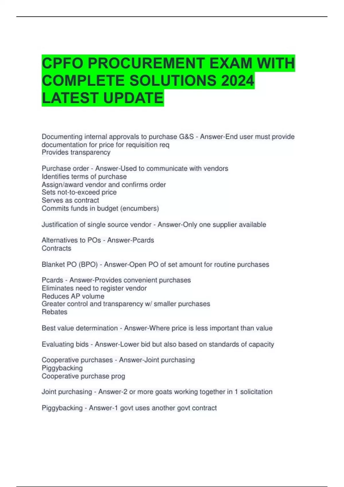 CPFO PROCUREMENT EXAM WITH COMPLETE SOLUTIONS 2024 LATEST UPDATE - CPFO ...