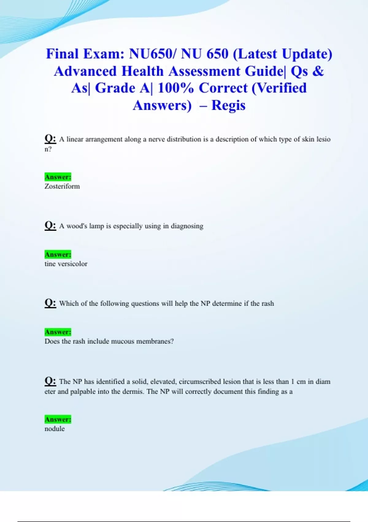 Final Exam: NU650/ NU 650 (Latest 2024/ 2025 Update) Advanced Health ...