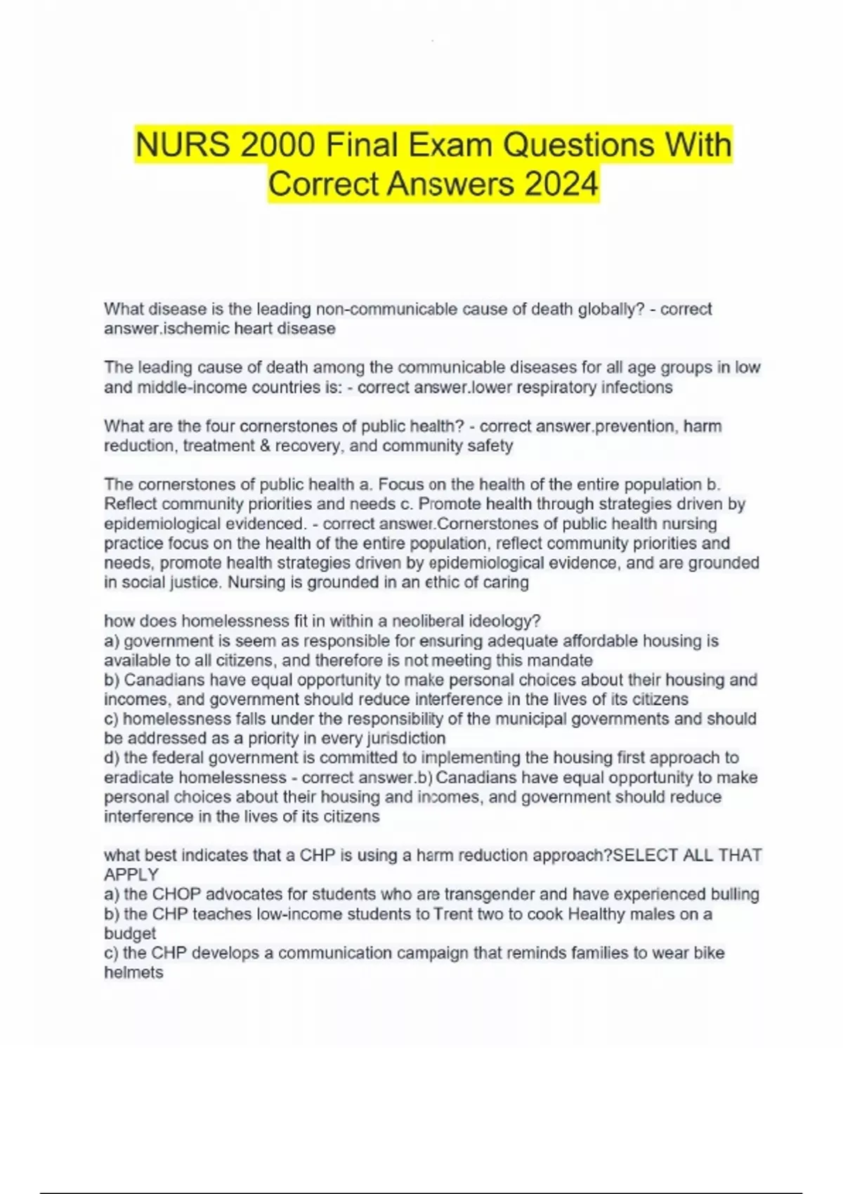 NURS 2000 Final Exam Questions With Correct Answers 2024 - NURS 2000 ...