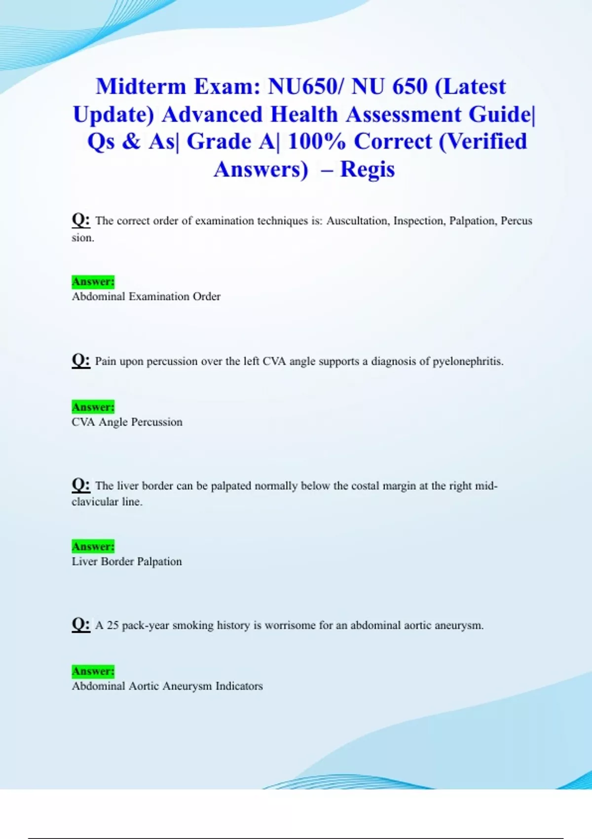 Midterm Exam: NU650/ NU 650 (Latest 2024/ 2025 Update) Advanced Health ...