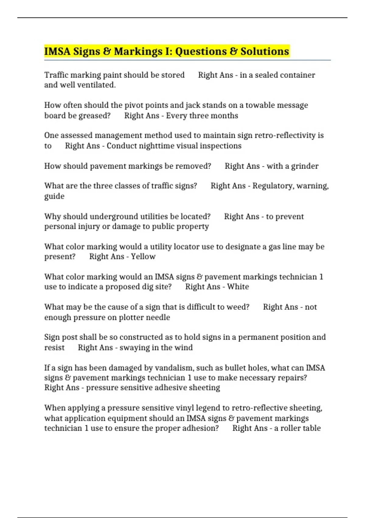 IMSA Signs & Markings I: Questions & Solutions - IMSA - Stuvia US