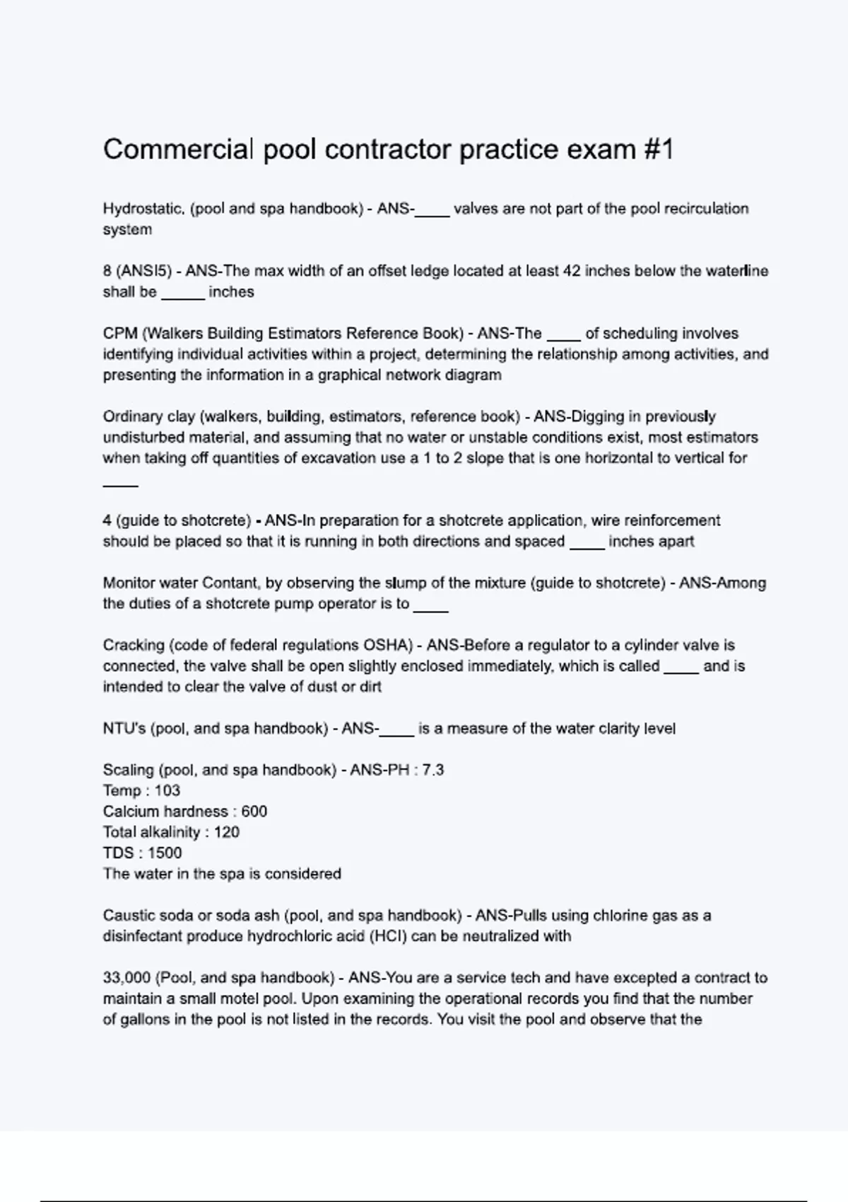 Commercial pool contractor practice exam -1 (2024/ 2025) Questions and ...